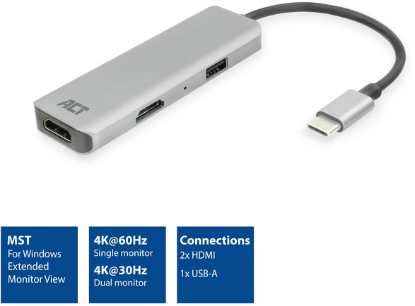 Adapter ACT USB-C 4K multiport voor 2 HDMI monitoren Muldi