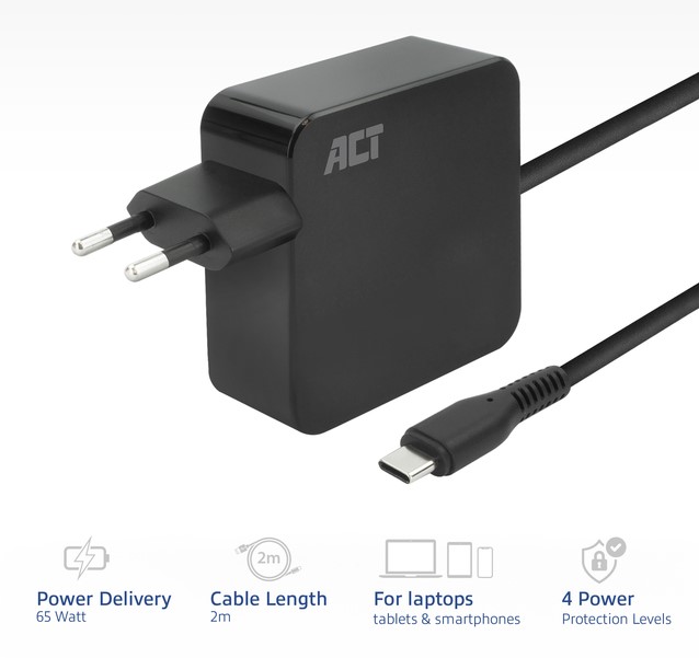 Laptop Oplader ACT USB-C Power Delivery 65W 2mtr Muldi